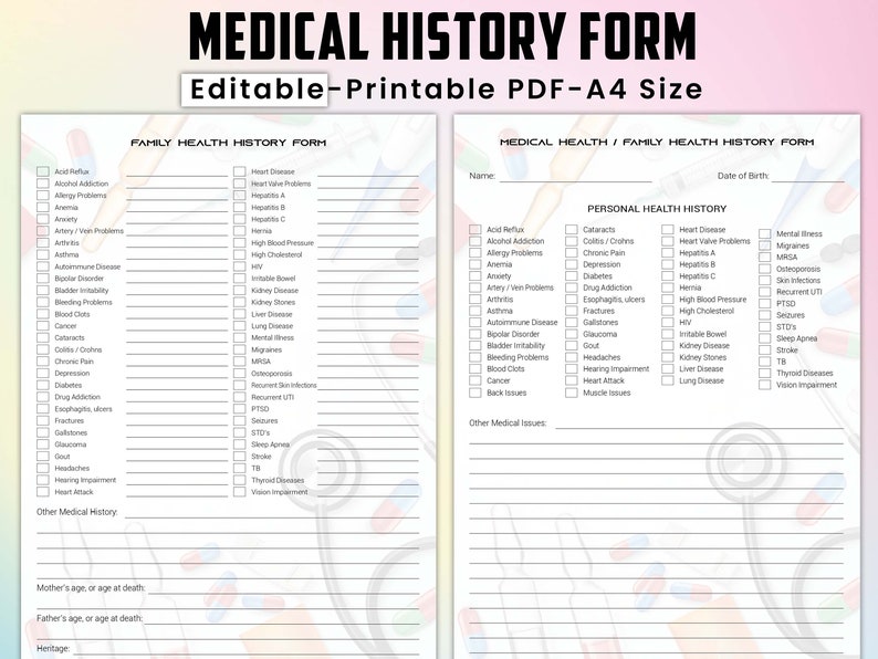 Editable Medical History Form, Family Medical History Form , Medical ...