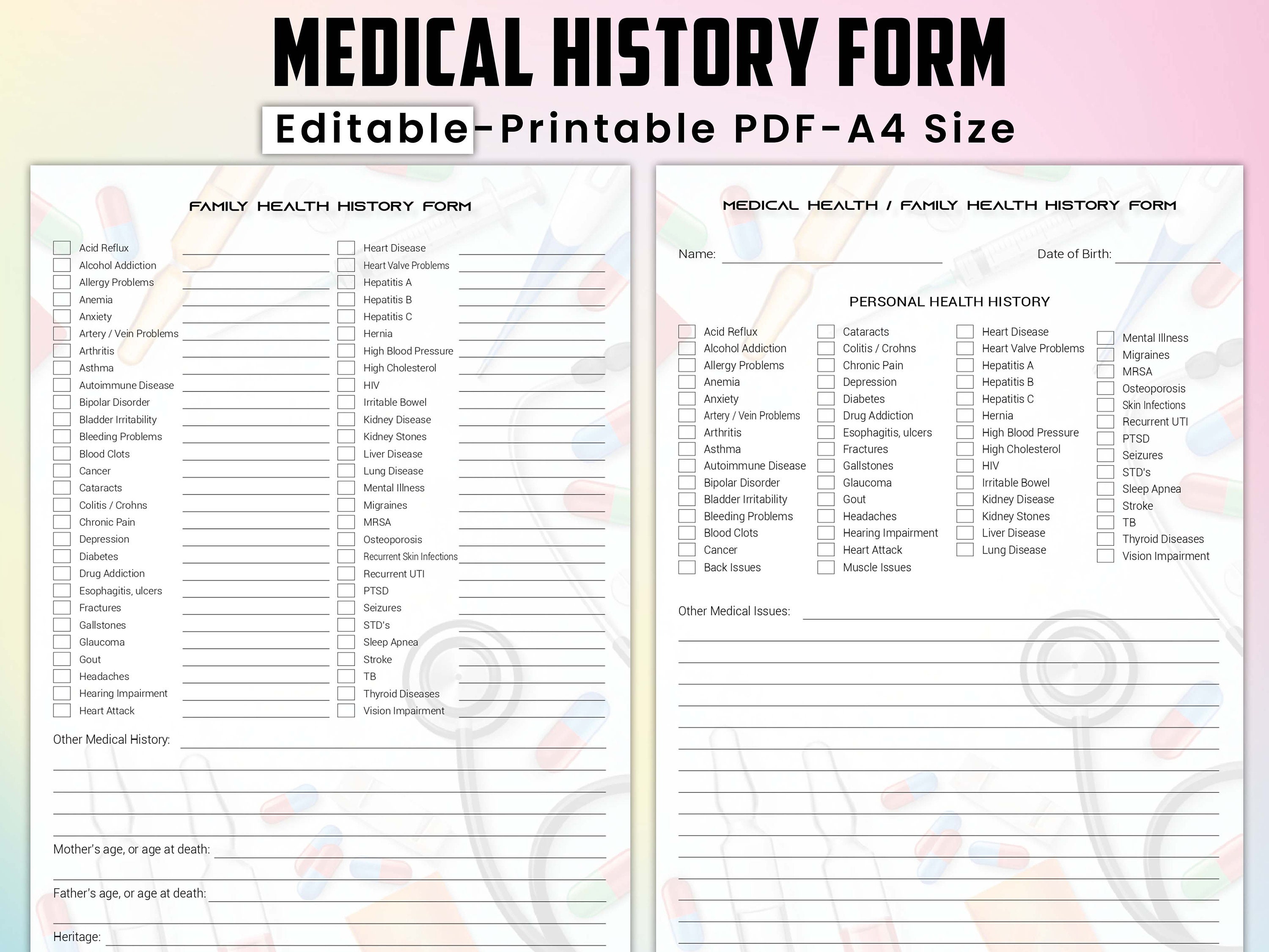 Editable Medical History Form, Family Medical History Form , Medical ...