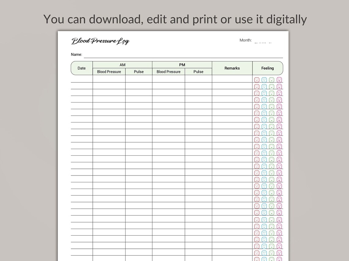 Blood Pressure Tracker Log Editable Printable, Monthly Blood Pressure ...