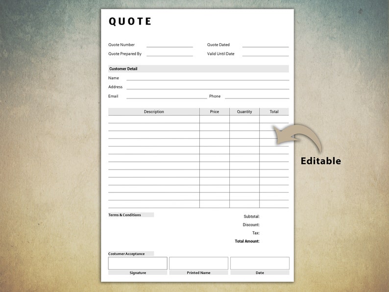 Editable Quote Template, EDITABLE Quotation Form, Small Business ...