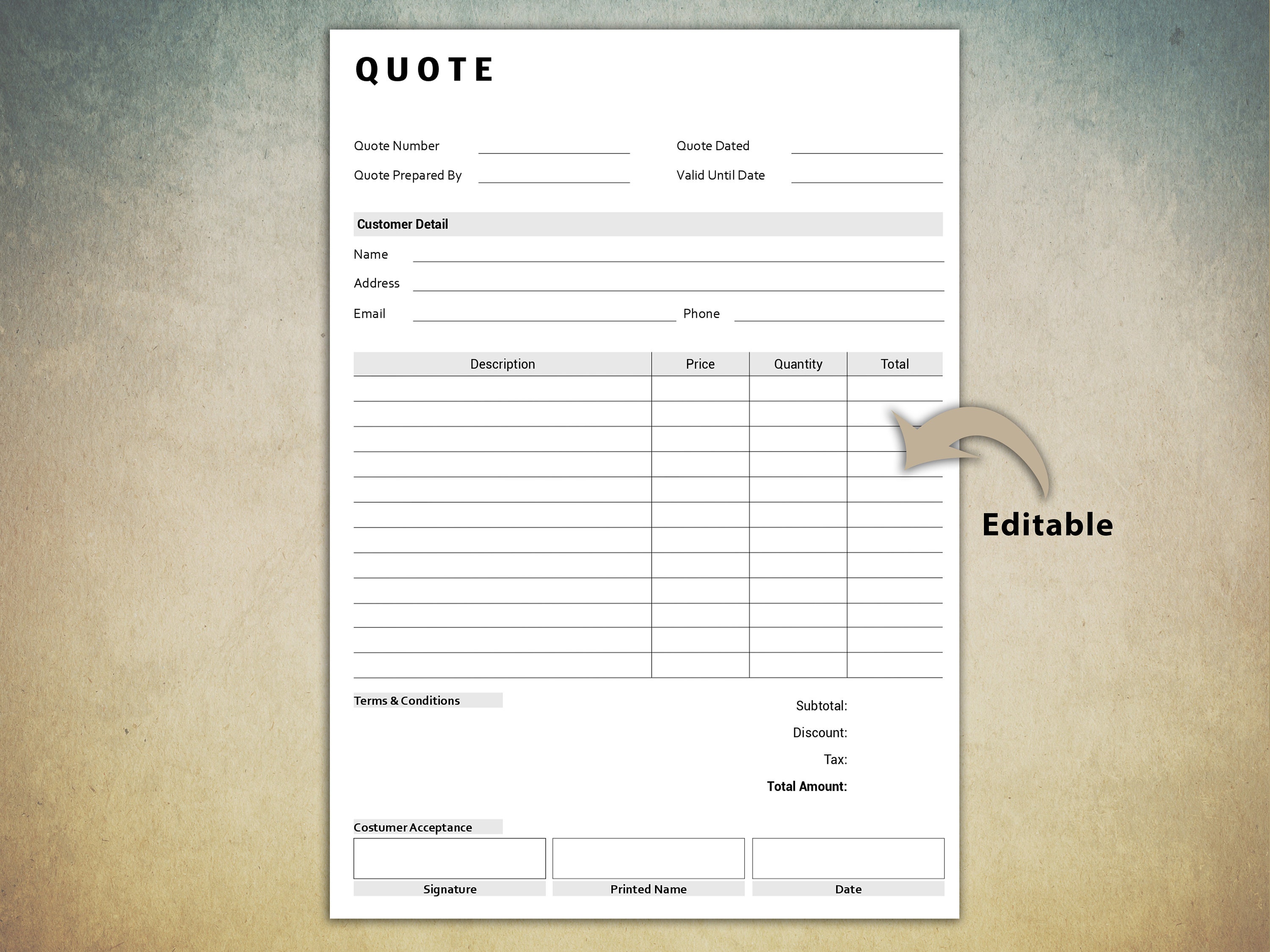 Editable Quote Template, EDITABLE Quotation Form, Small Business ...