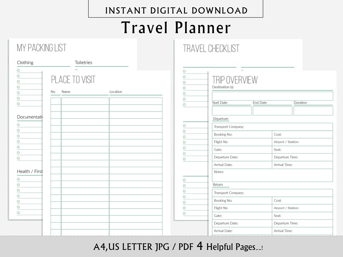 Travel Planner Printable, Trip Itinerary Packing List, Digital Vacation ...