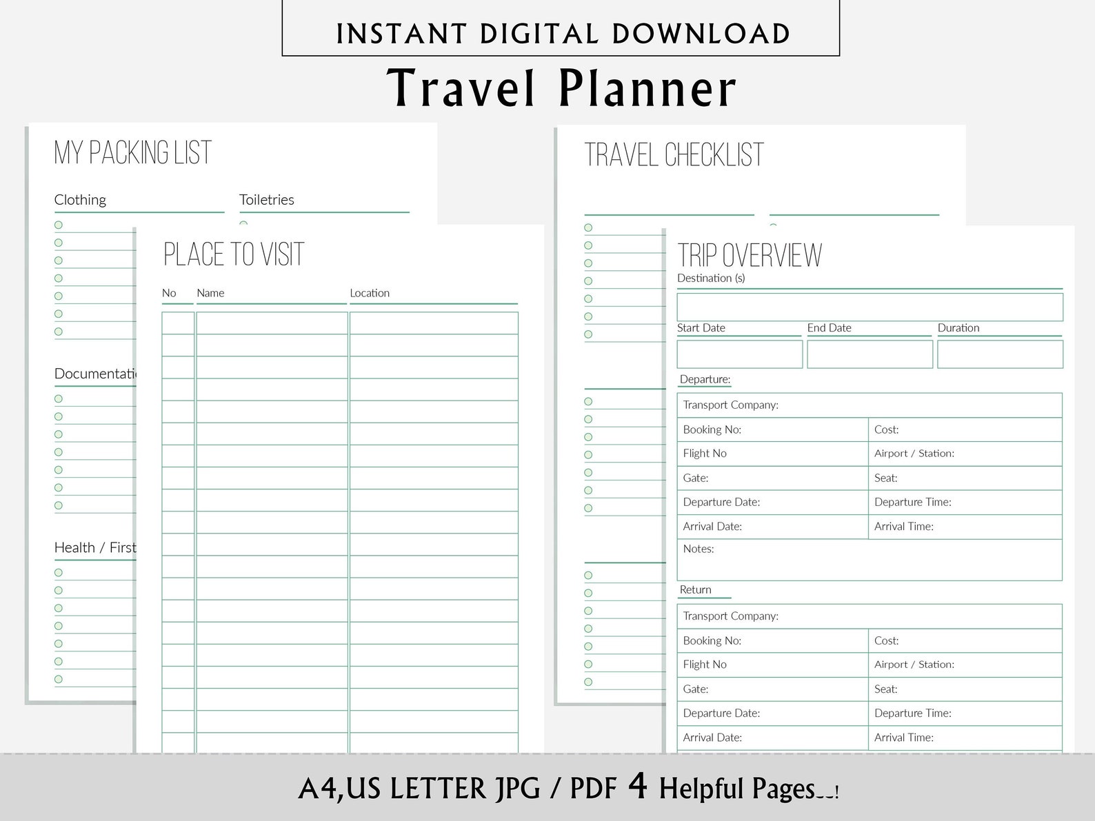 Travel Planner Printable, Trip Itinerary Packing List, Digital Vacation ...