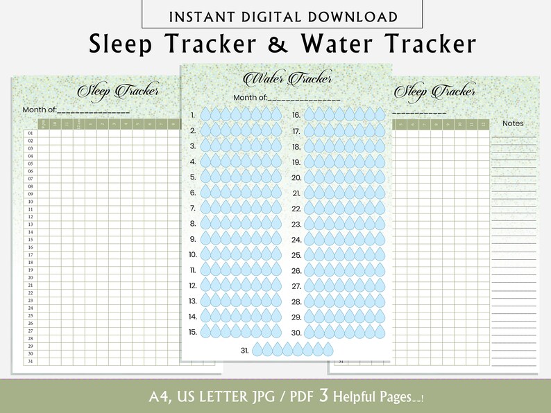 Monthly Sleep Tracker Printable, Minimalist Water Notes Journal, A4 ...