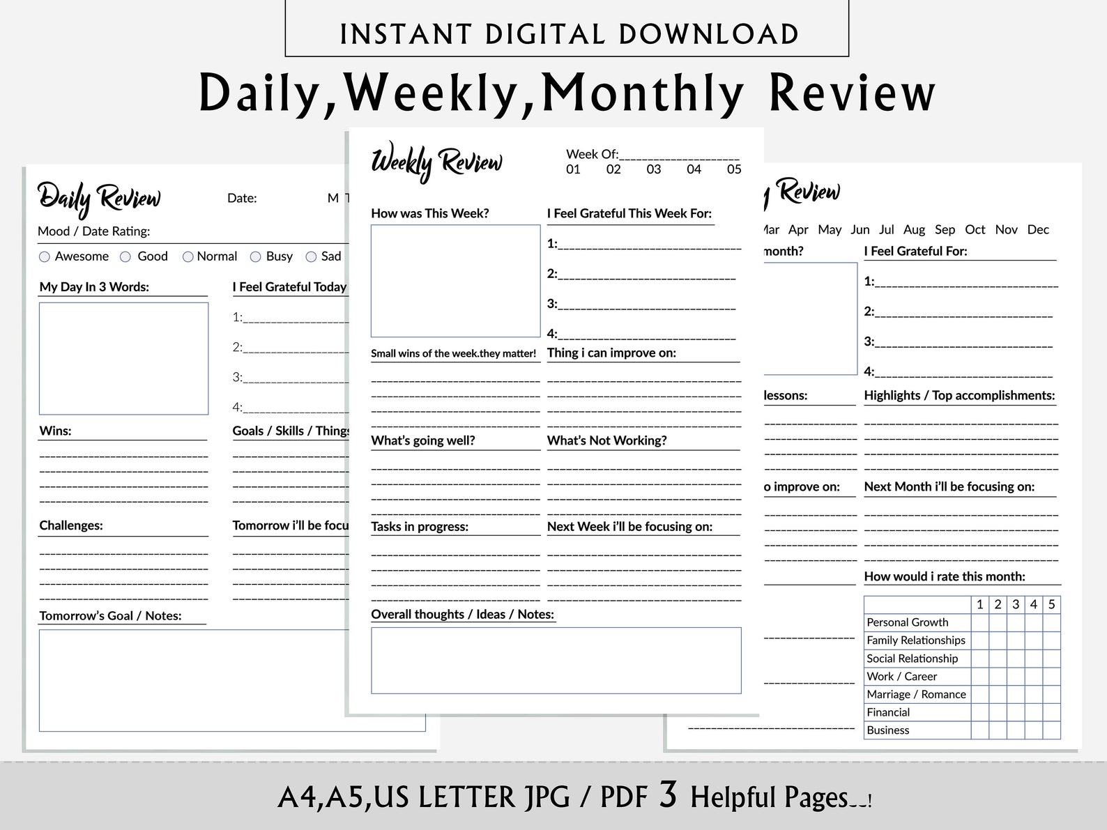 Printable Daily Review Weekly Review Monthly Review Planner - Etsy