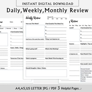 Printable Daily Review Weekly Review Monthly Review Planner - Etsy