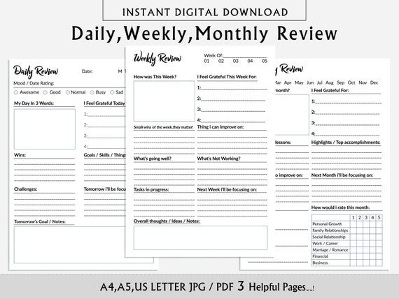 Printable Daily Review Weekly Review Monthly Review Planner - Etsy