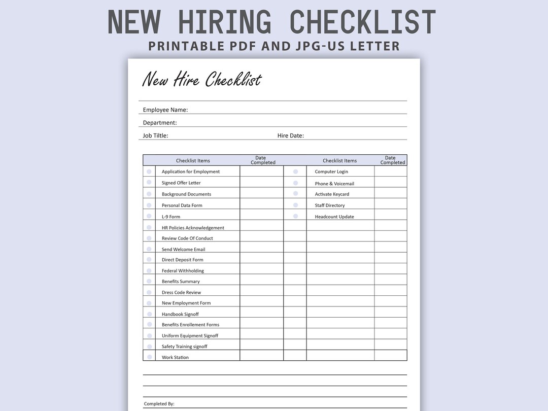 Printable New Hiring Checklist, New Hire Checklist Template, Word HR ...