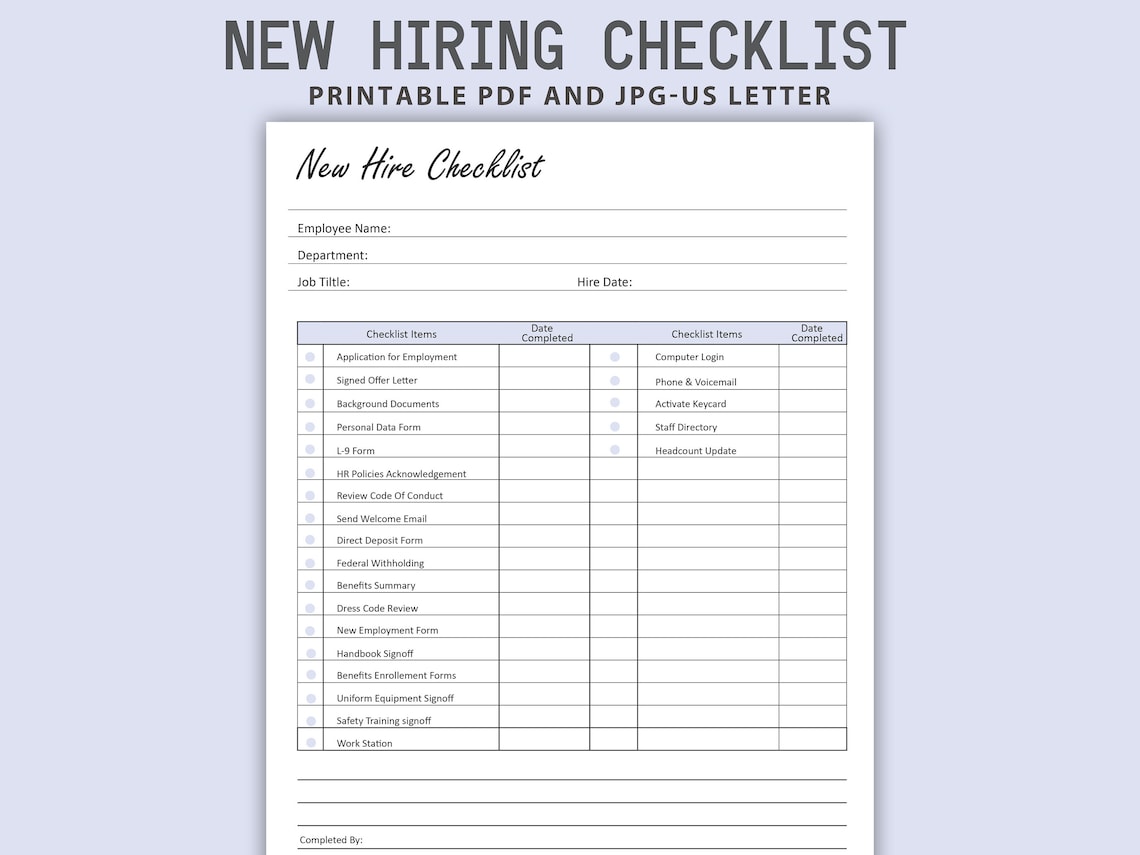 Printable New Hiring Checklist, New Hire Checklist Template, Word HR ...