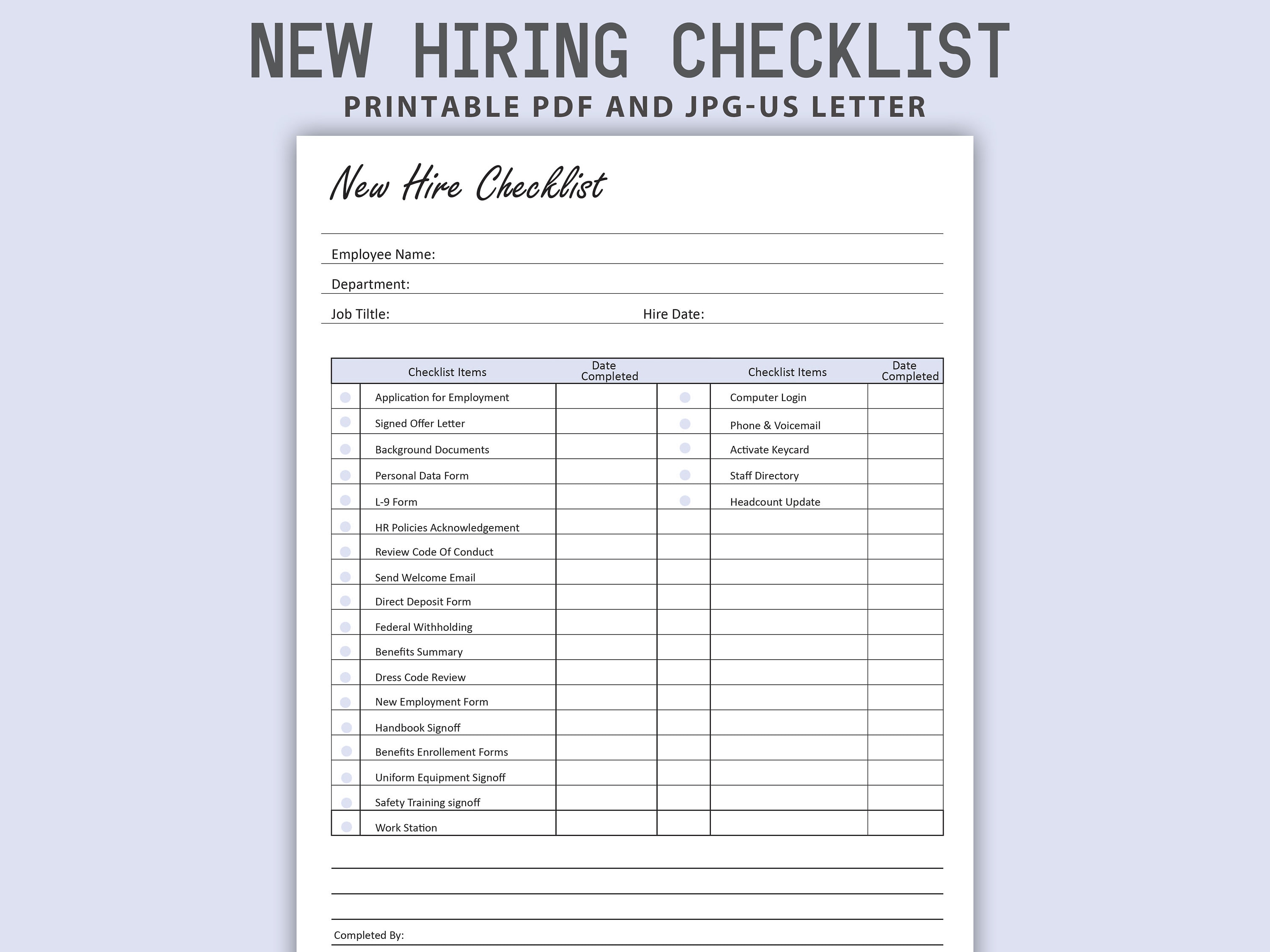Printable New Hiring Checklist, New Hire Checklist Template, Word HR ...