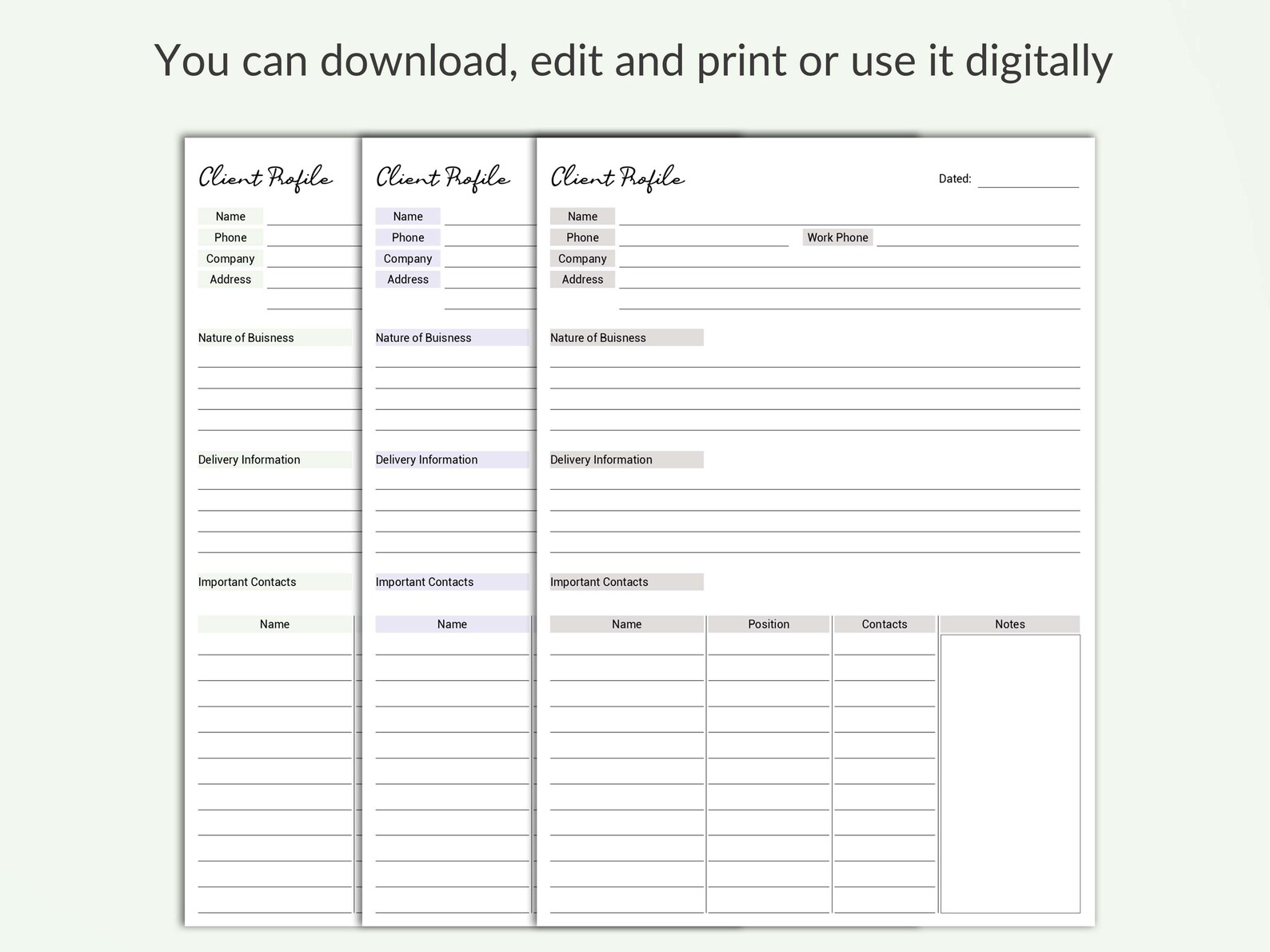 Client Profile Template, Client Information Sheet, Customer Profile ...