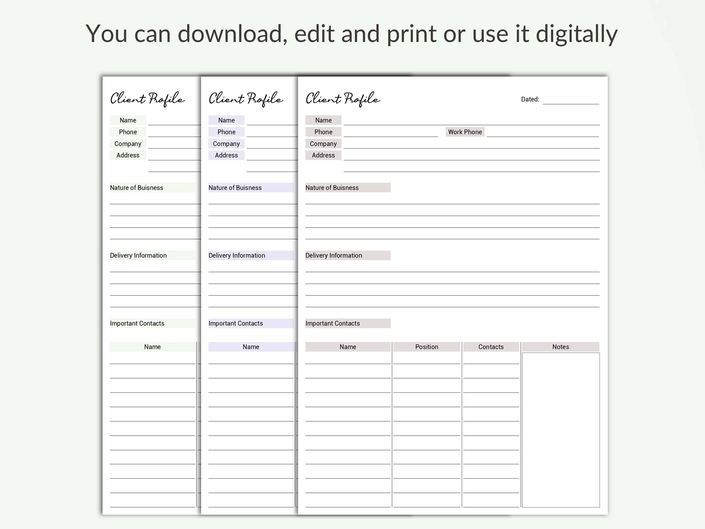 Client Profile Template, Client Information Sheet, Customer Profile ...