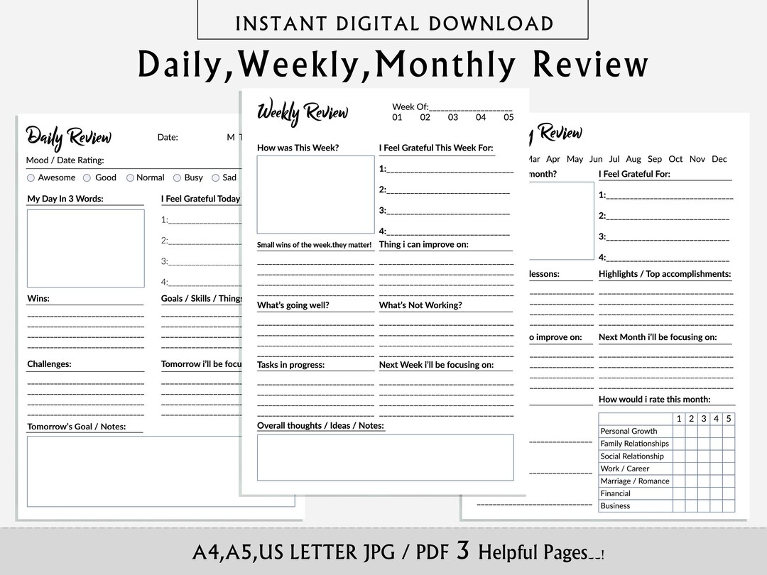Printable Daily Review, Weekly Review, Monthly Review, Planner Insert, PDF A4, A5, Half Letter ...