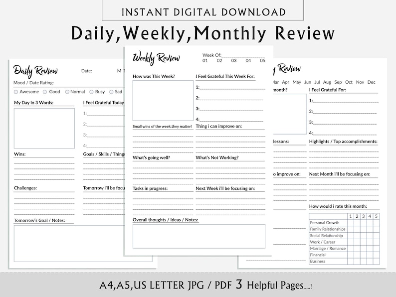 Printable Daily Review, Weekly Review, Monthly Review, Planner Insert ...