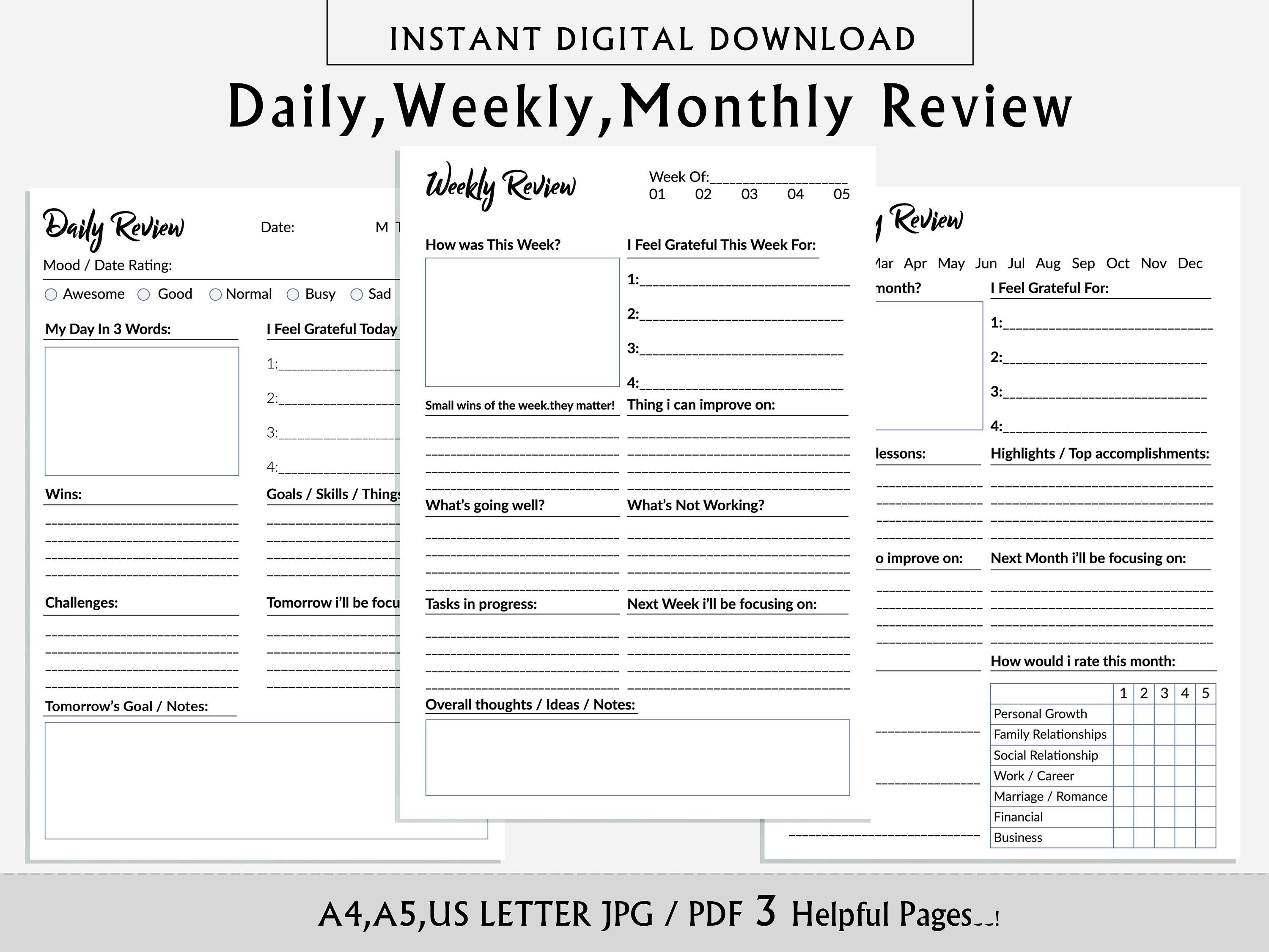 Printable Daily Review, Weekly Review, Monthly Review, Planner Insert ...