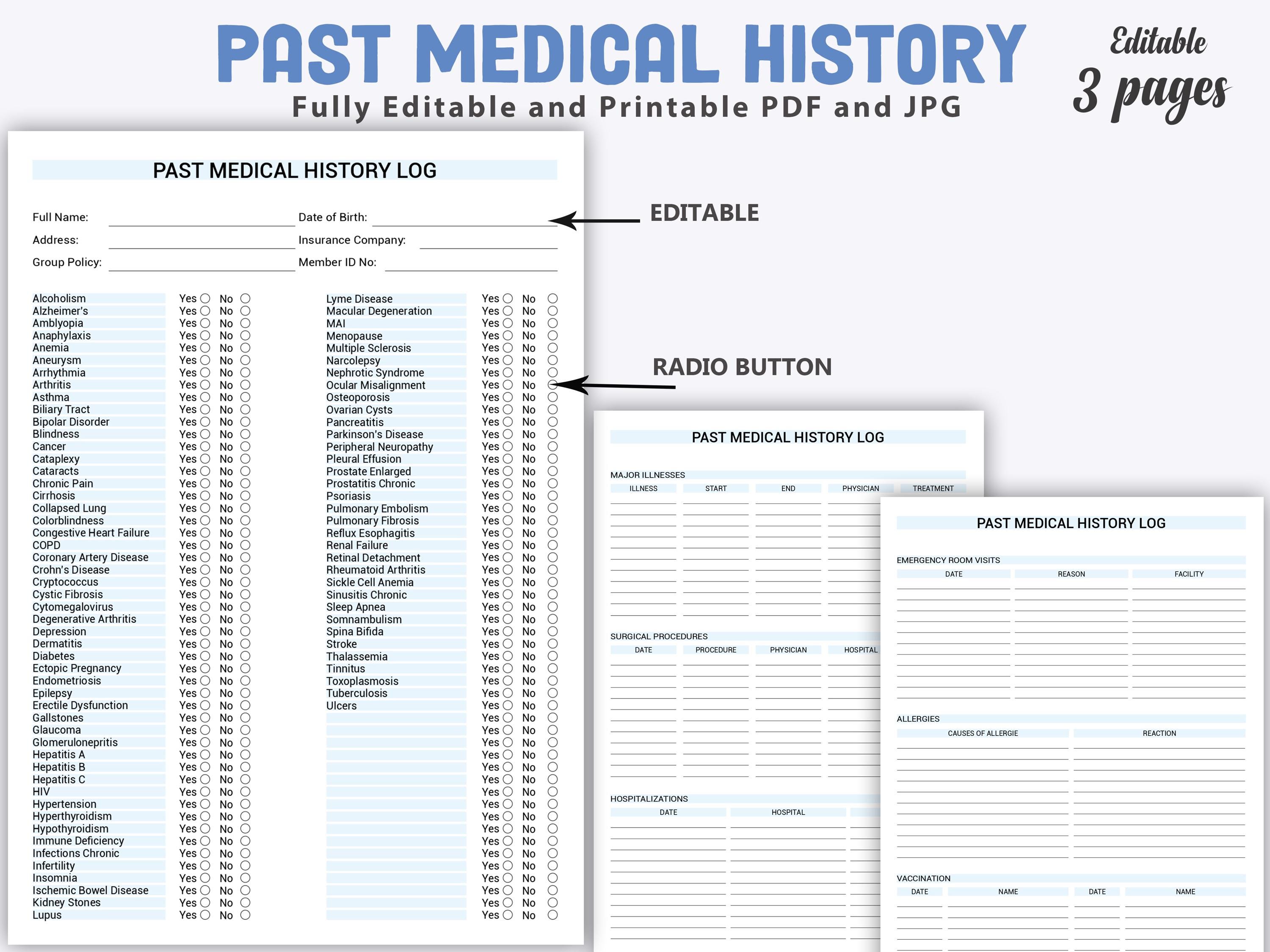 Past Medical History Planner, Medical History Tracker, Health Record ...