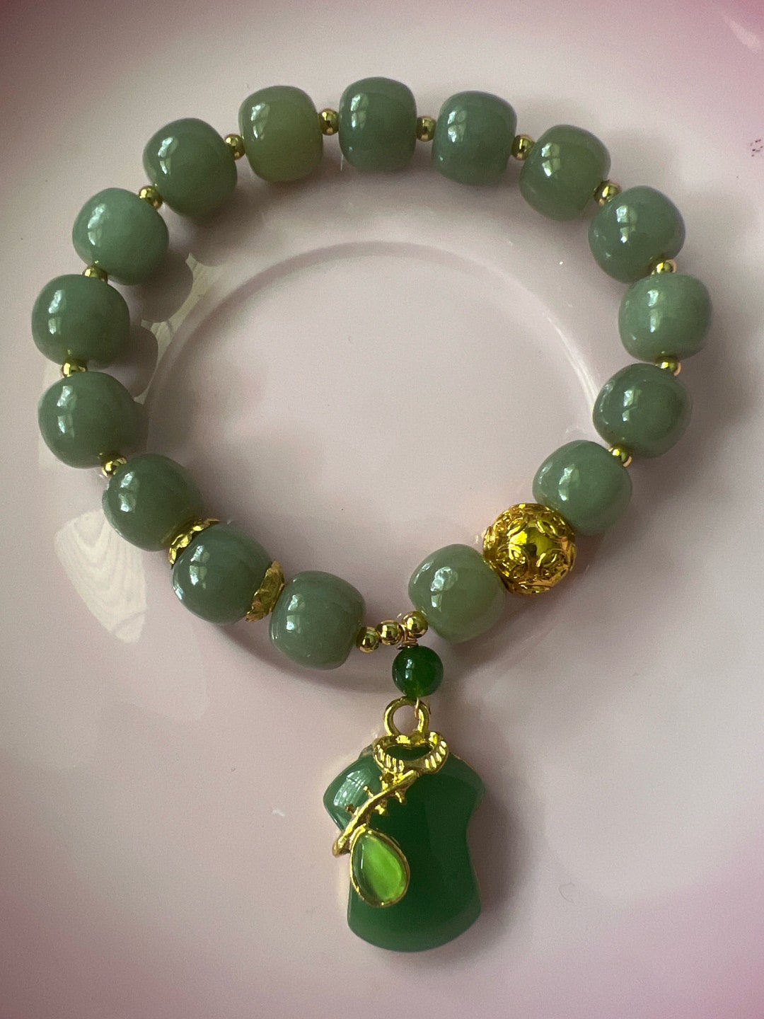 Natural Green Hetian Jade Barrel Beads Gemstone Bracelet W/ Chinese ...