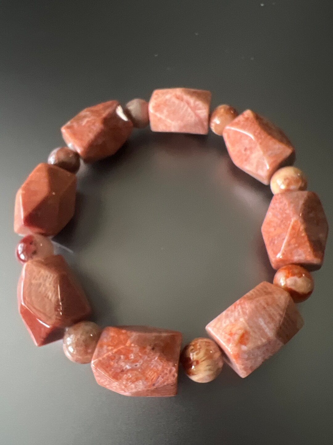 Coral Jade Barrel Bead Stretch Bracelet – Fossil Stone, Lucky Charm - Etsy