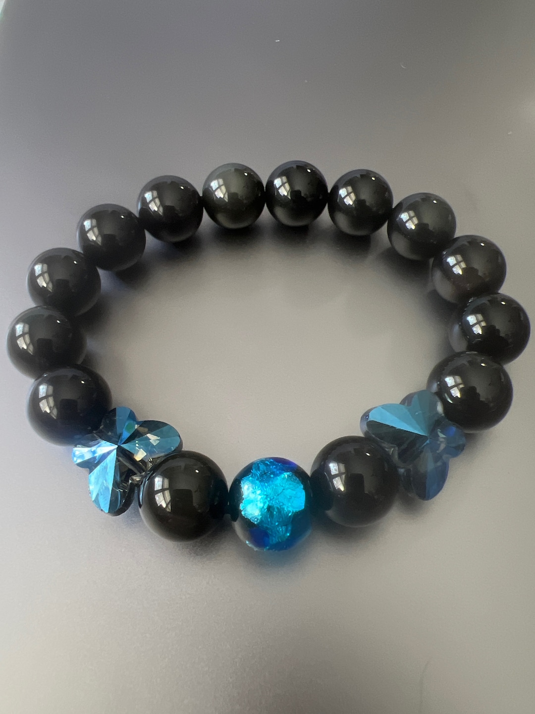 Obsidian Gemstone W/ Okinawa Japan Hotaru Glass and Butterfly Charm ...