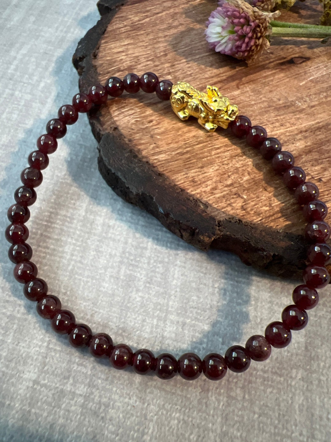 Natural Dark Red Garnet Gemstone 4mm Beads W/ Dainty Fengshui Piyao or ...