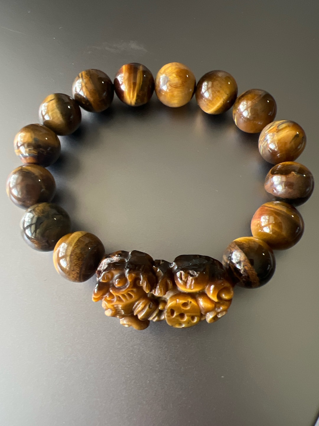 Natural Tiger's Eye Gemstone Beads W/ Lucky Feng Shui Carved Pixiu or ...