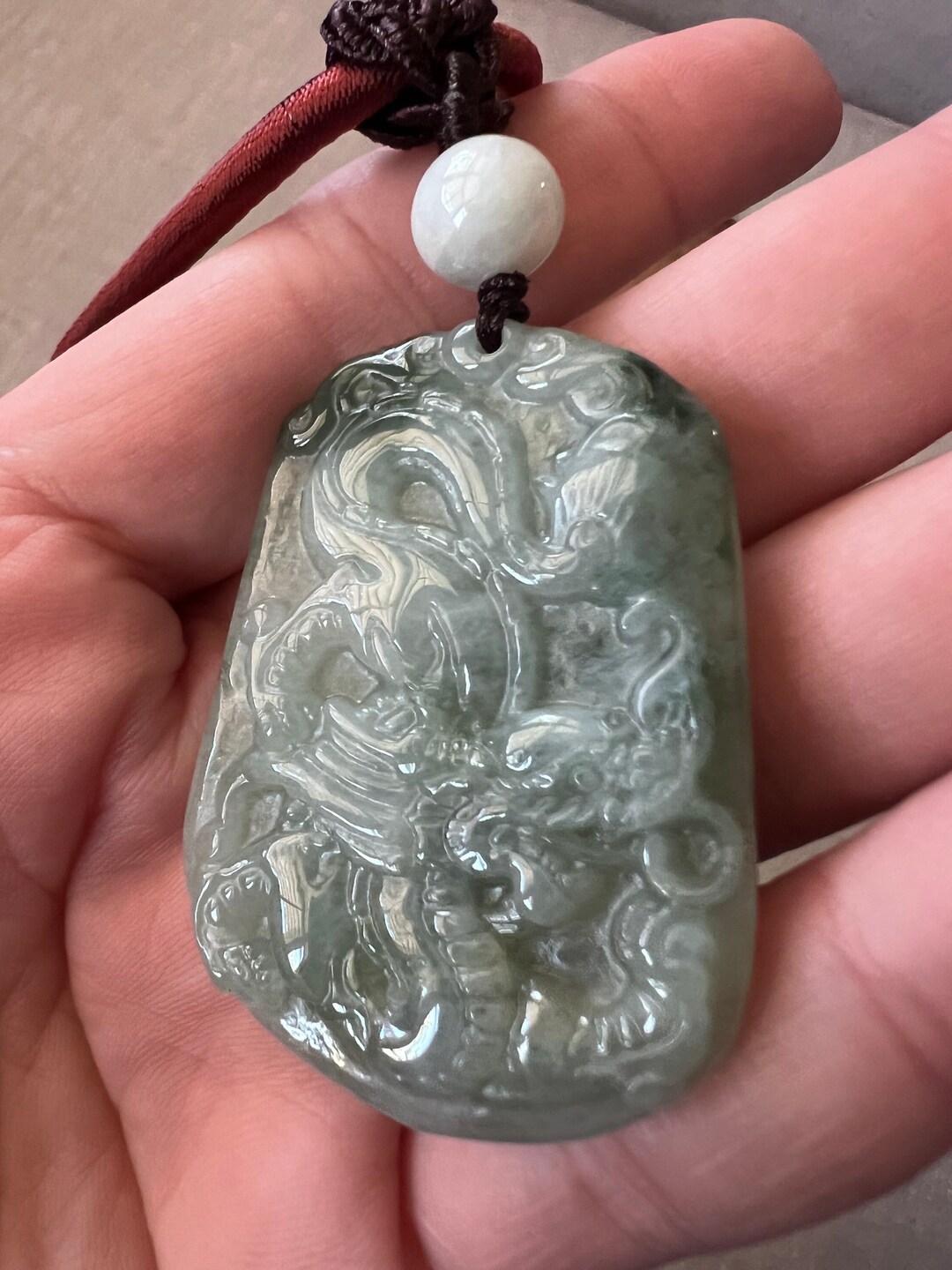 Green Burmese Jadeite Jade Carved Dragon Pendant on Adjustable Silk ...