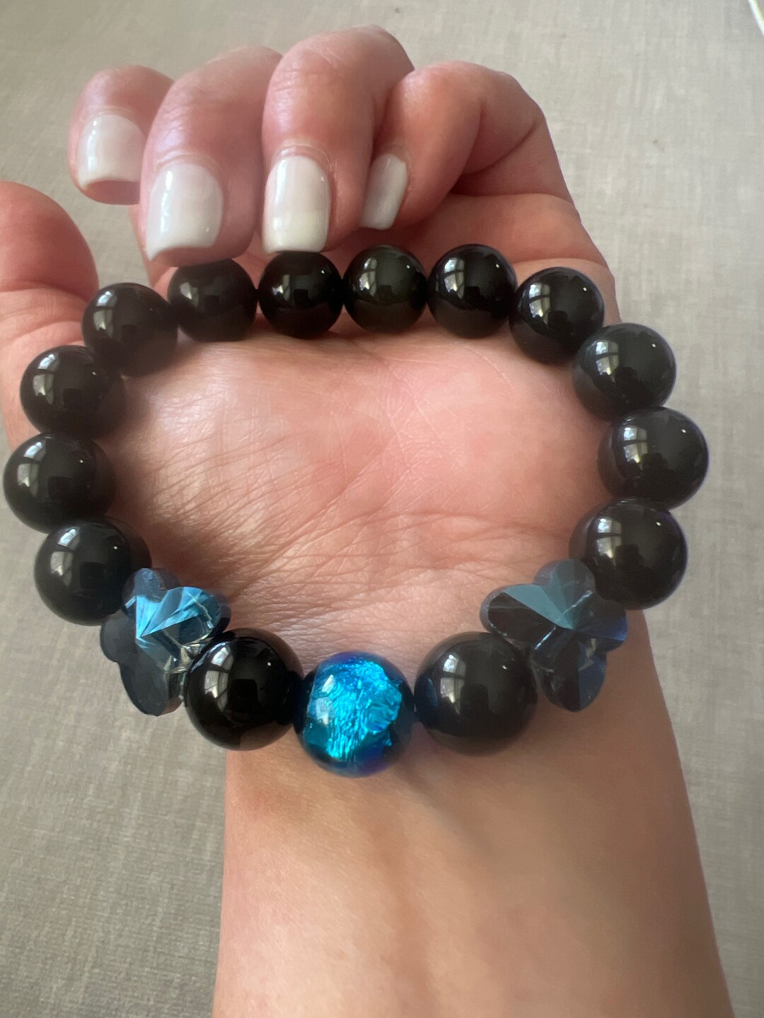 Obsidian Gemstone W/ Okinawa Japan Hotaru Glass and Butterfly Charm ...