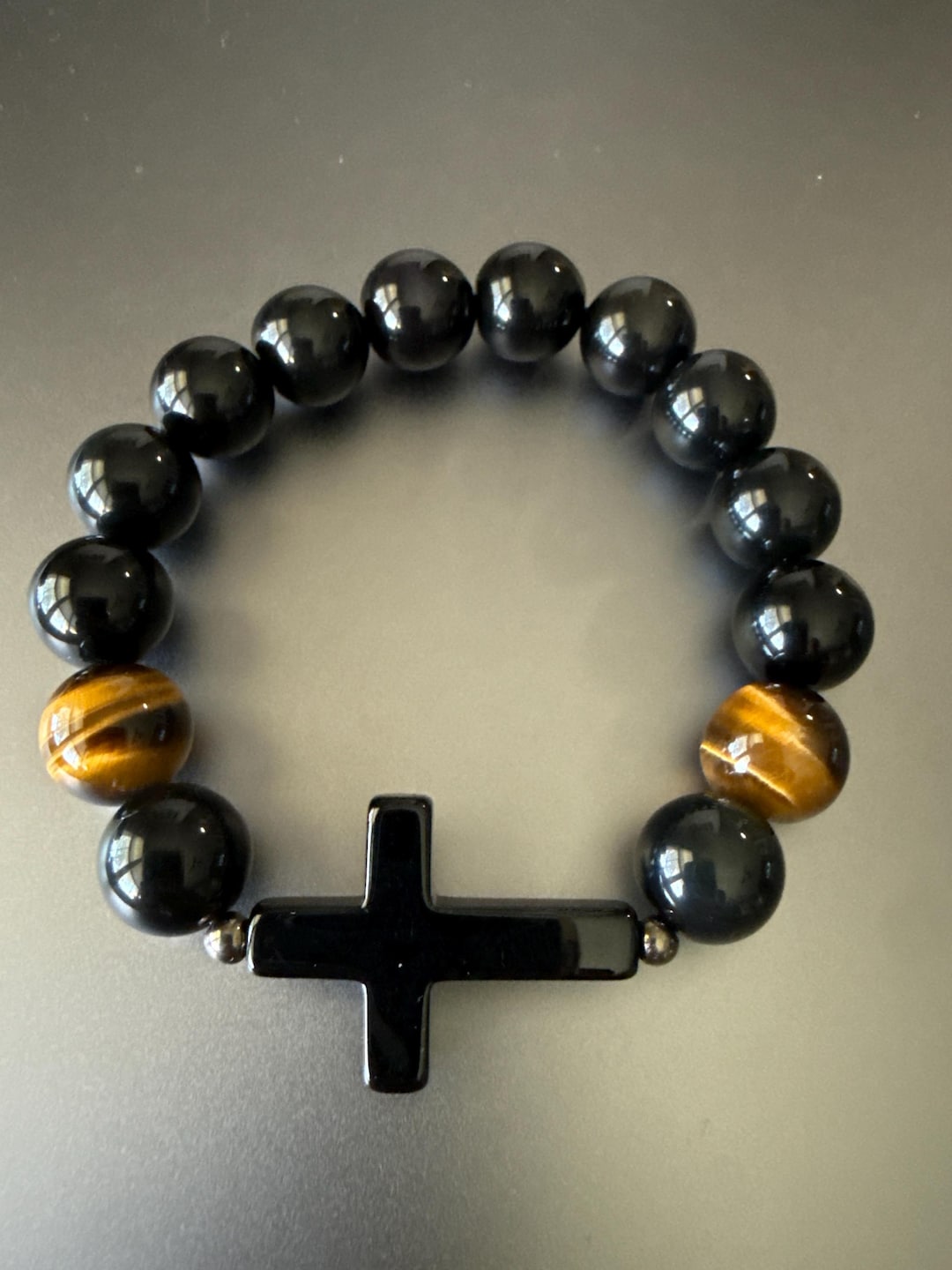 Black Obsidian & Tiger Eye Crystal Gemstone With Onyx Cross Charm ...