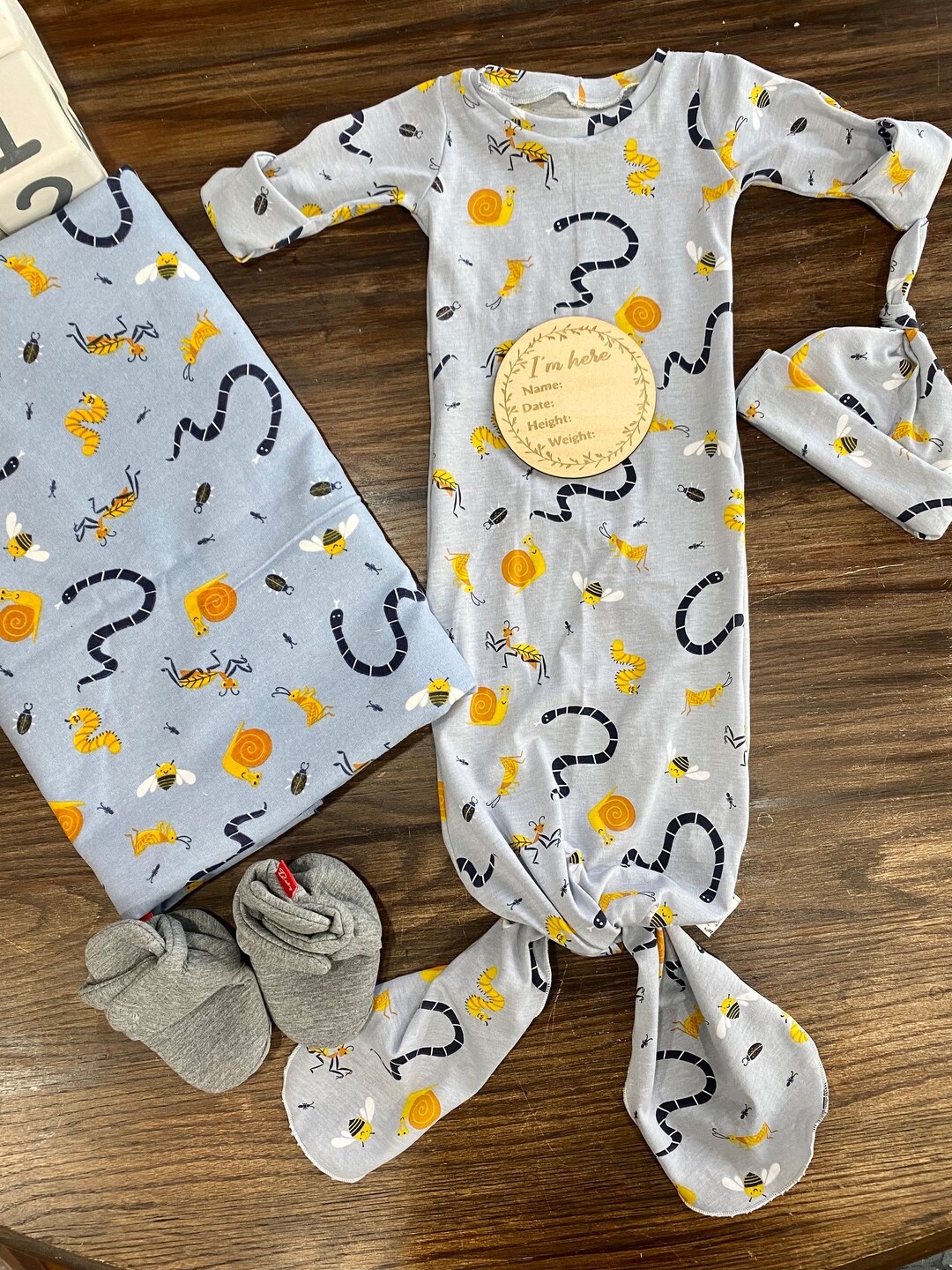 Personalized Baby Boy Bugs Newborn Gown, Baby Shower Gift, Knotted Gown ...