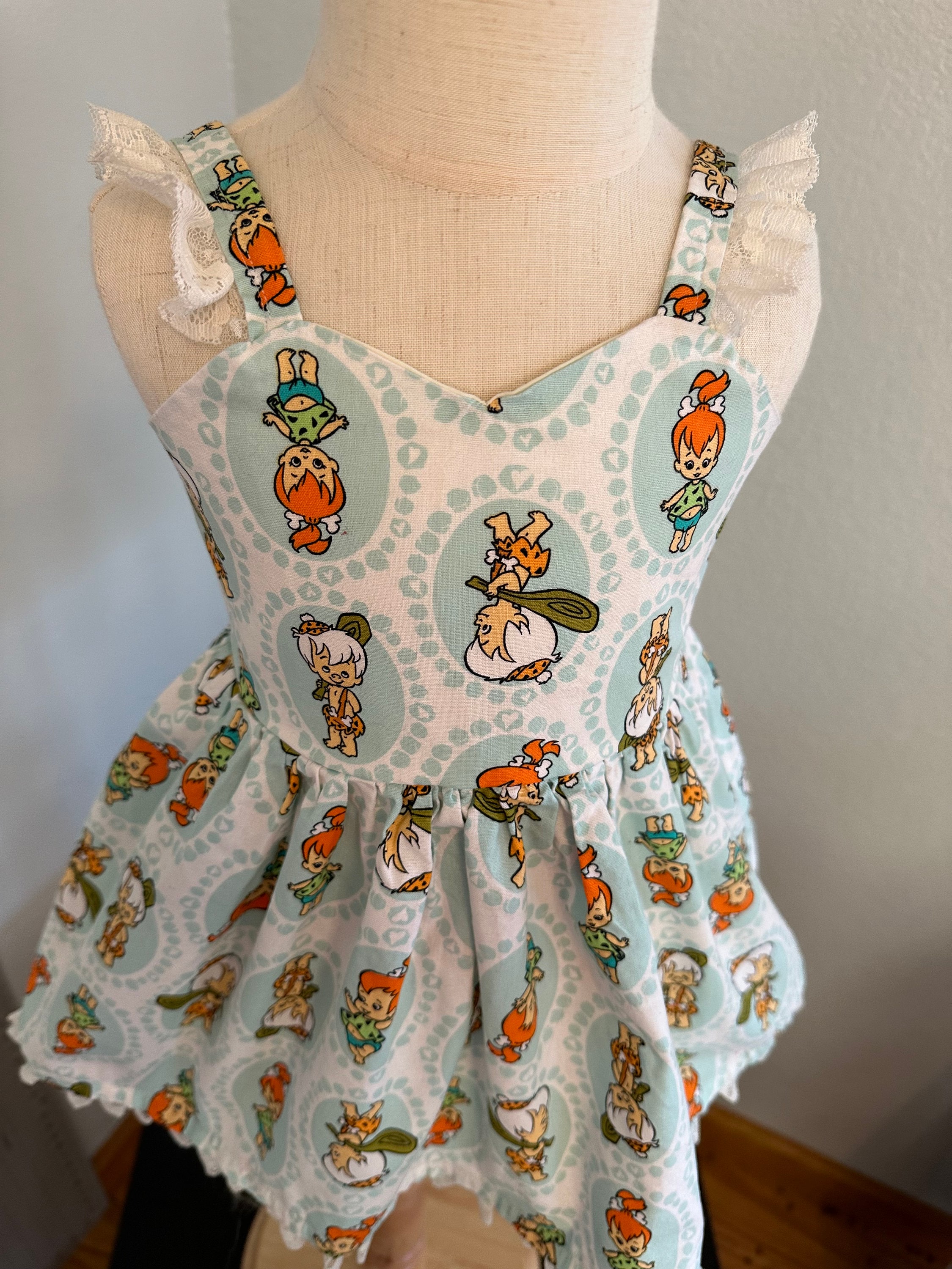 Custom Toddler Flintstones Dress, Pebbles Print, Handmade Lace Sleeves ...