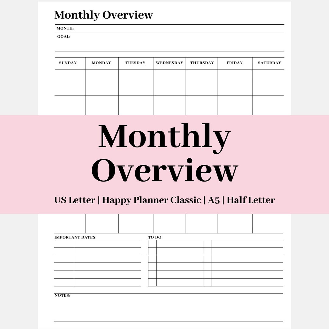 Monthly Overview Monthly Calendar One Page Calendar Undated Calendar ...