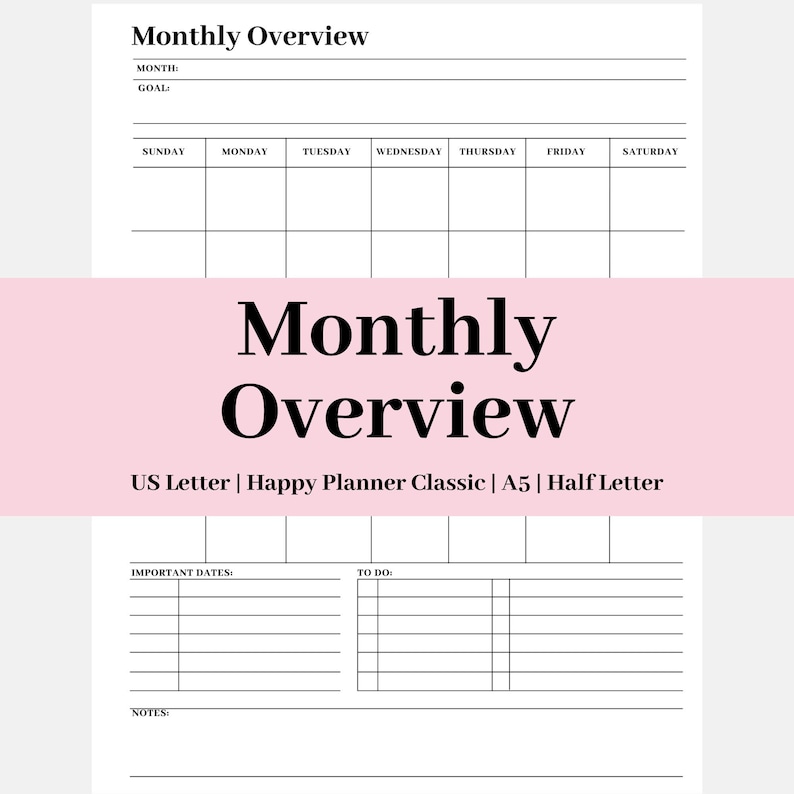 Monthly Overview Monthly Calendar One Page Calendar Undated Calendar ...