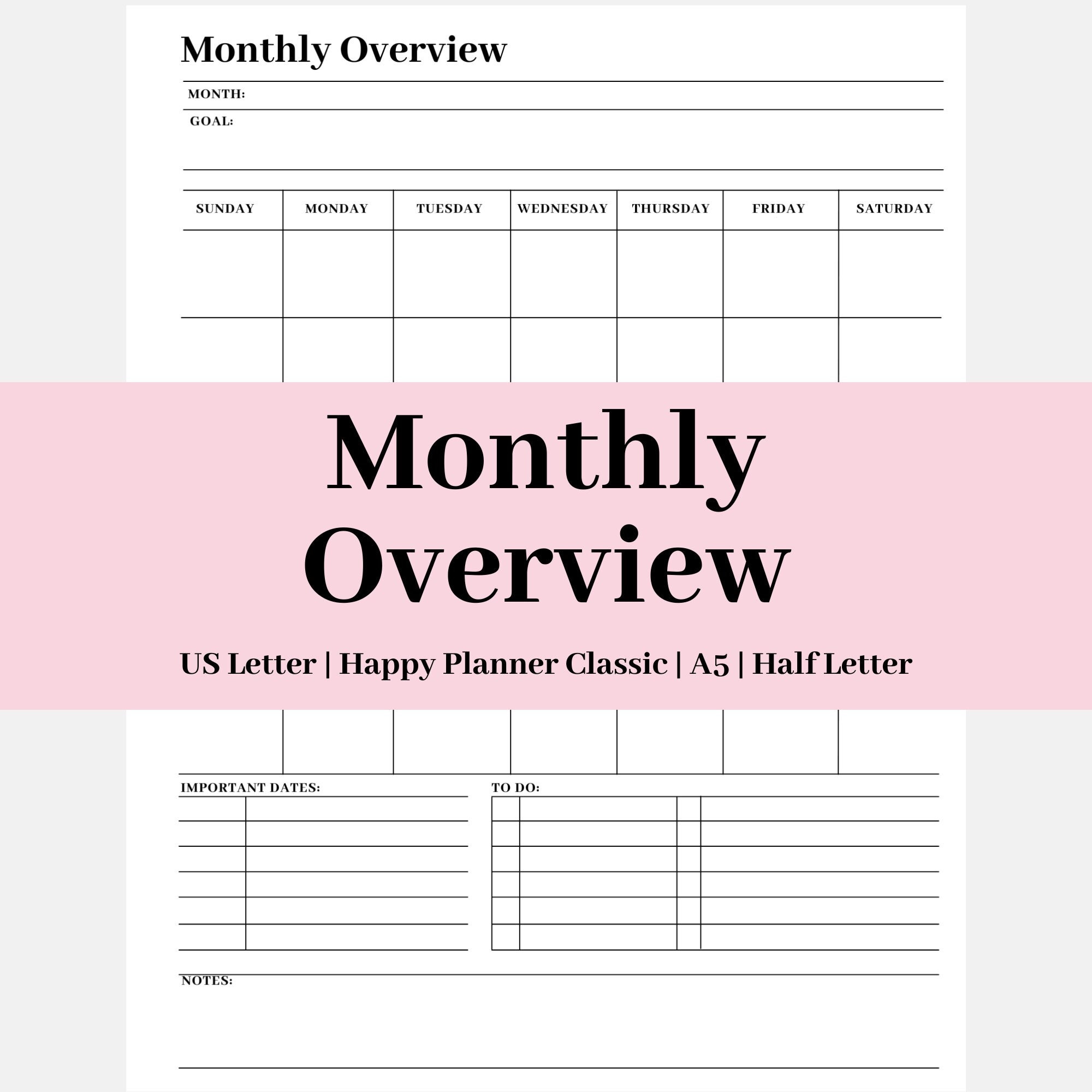 Monthly Overview Monthly Calendar One Page Calendar Undated - Etsy