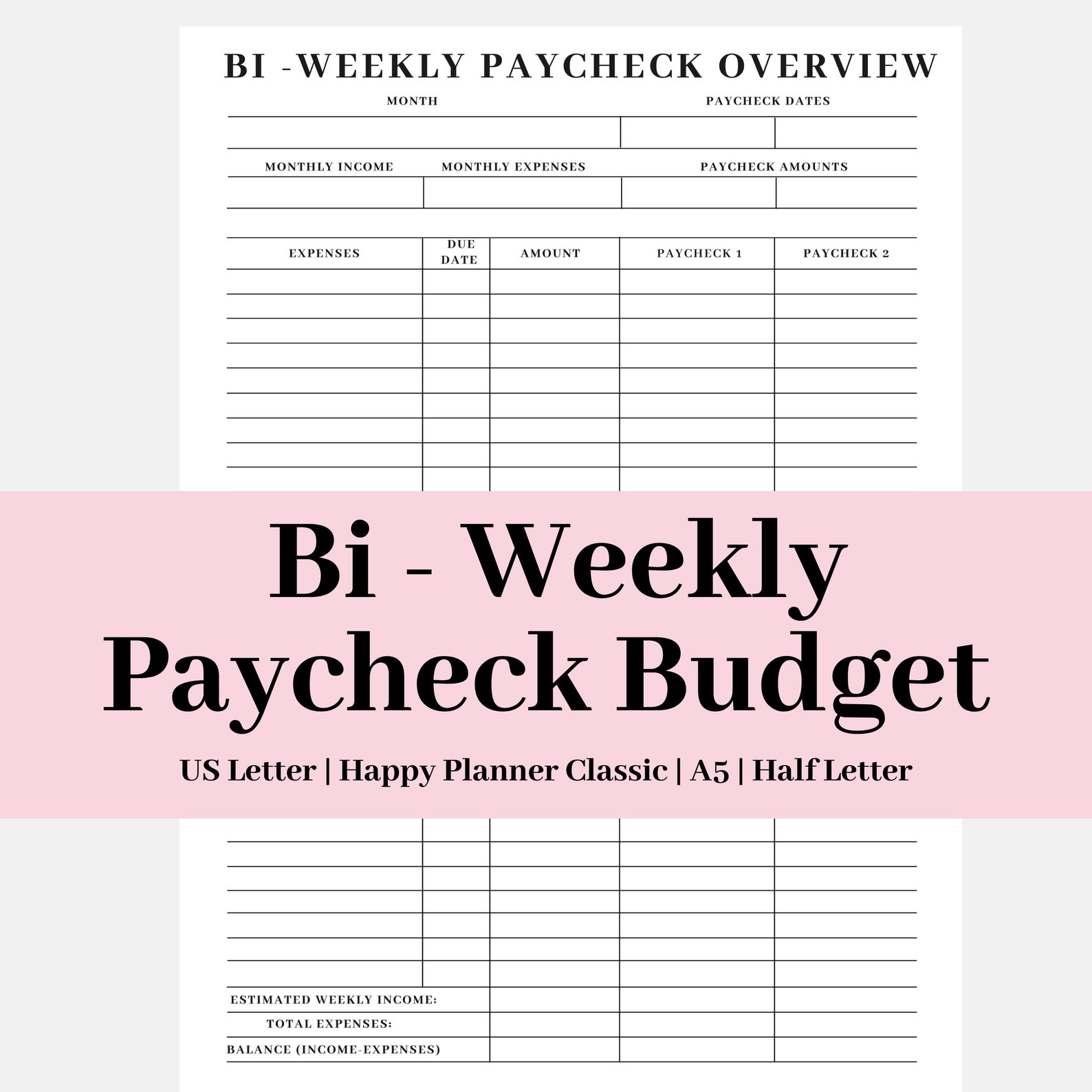 Minimal Bi-weekly Paycheck Budget | Bill Organizer | Paycheck Planner ...