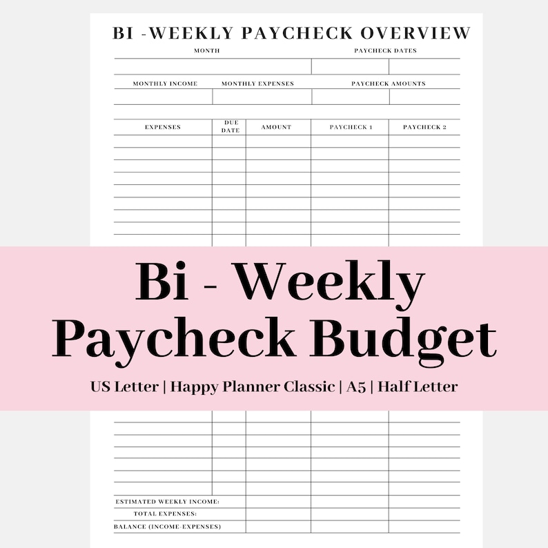 Minimal Bi-weekly Paycheck Budget | Bill Organizer | Paycheck Planner ...