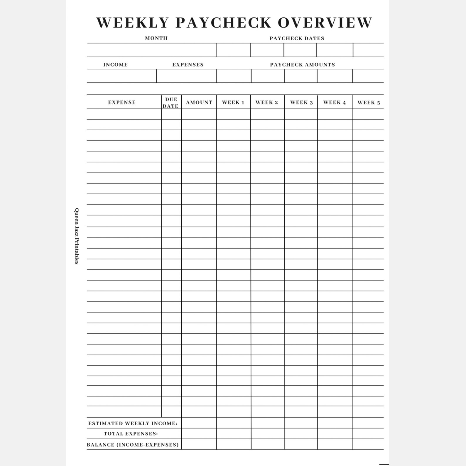 Minimal 5 Week Paycheck Planner | Weekly Paycheck Budget Template ...