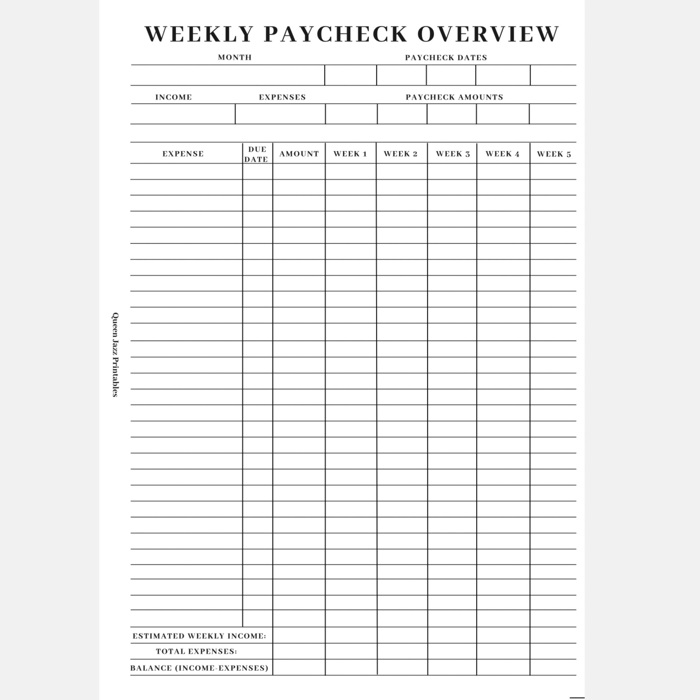 Minimal 5 Week Paycheck Planner | Weekly Paycheck Budget Template ...