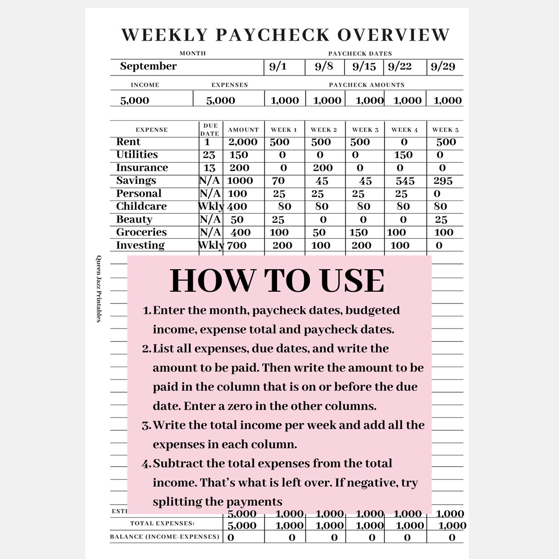 Minimal 5 Week Paycheck Planner | Weekly Paycheck Budget Template ...
