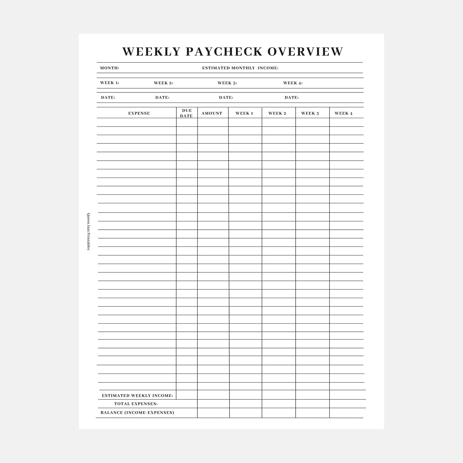 Weekly Paycheck Budget Bill Organizer Paycheck Planner Minimal Check ...