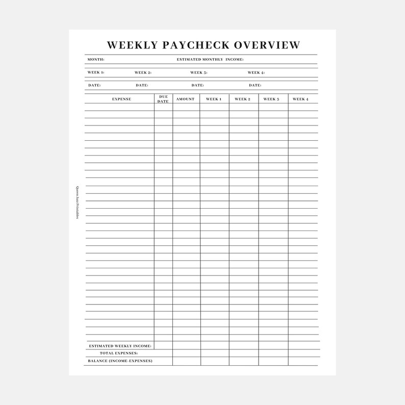 Weekly Paycheck Budget Bill Organizer Paycheck Planner Minimal Check ...