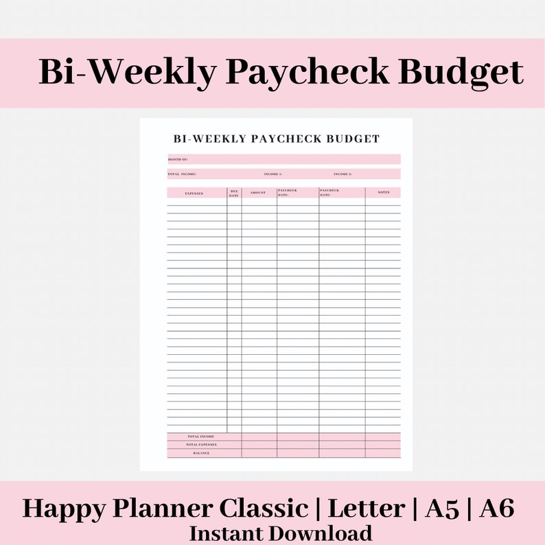 Bi-weekly Paycheck Budget Bill Organizer Paycheck Planner Paycheck ...