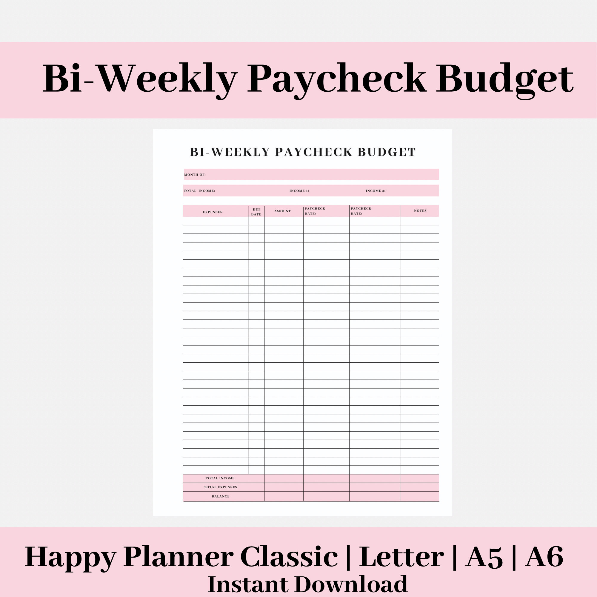 Bi-weekly Paycheck Budget Bill Organizer Paycheck Planner Paycheck ...