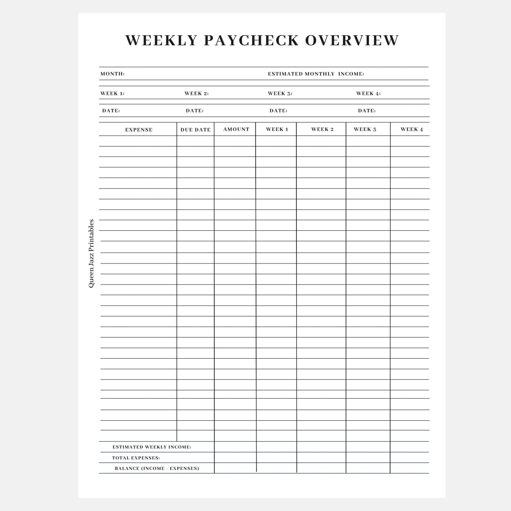 Minimal Weekly Paycheck Planner | Weekly Paycheck Budget Template ...
