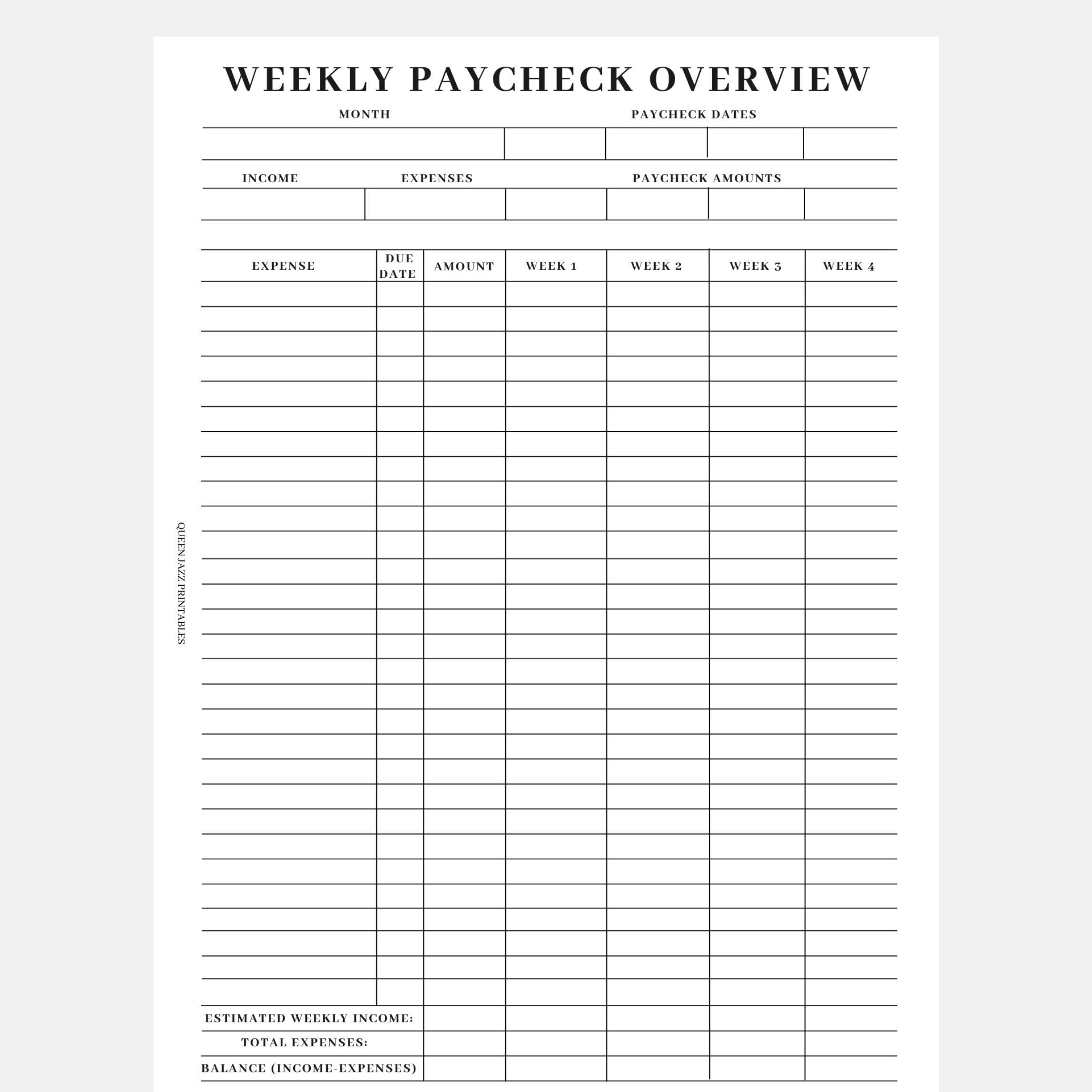 Minimal 4 Week Paycheck Planner Weekly Paycheck Budget - Etsy