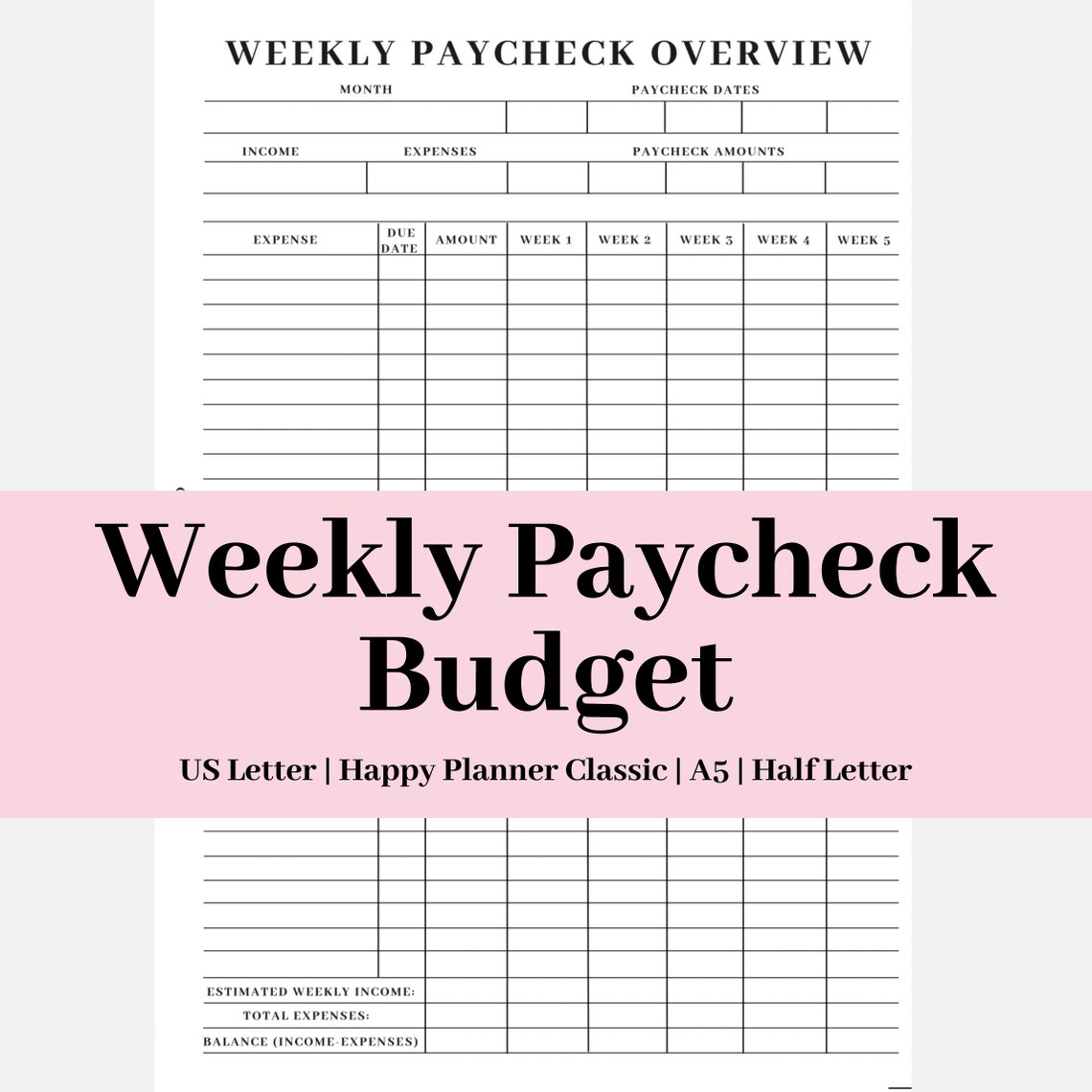 Minimal 5 Week Paycheck Planner | Weekly Paycheck Budget Template ...