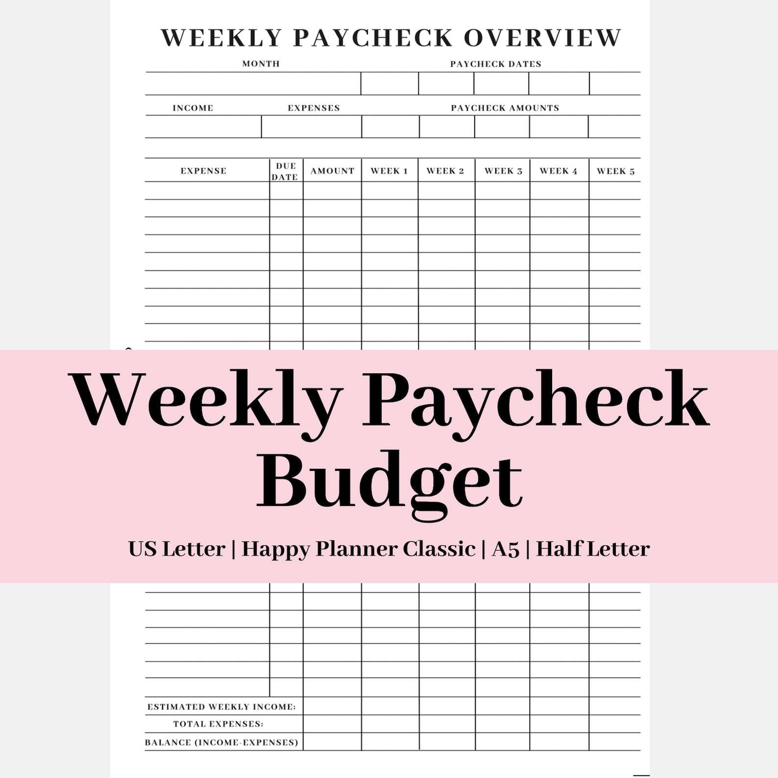 Minimal 5 Week Paycheck Planner | Weekly Paycheck Budget Template ...