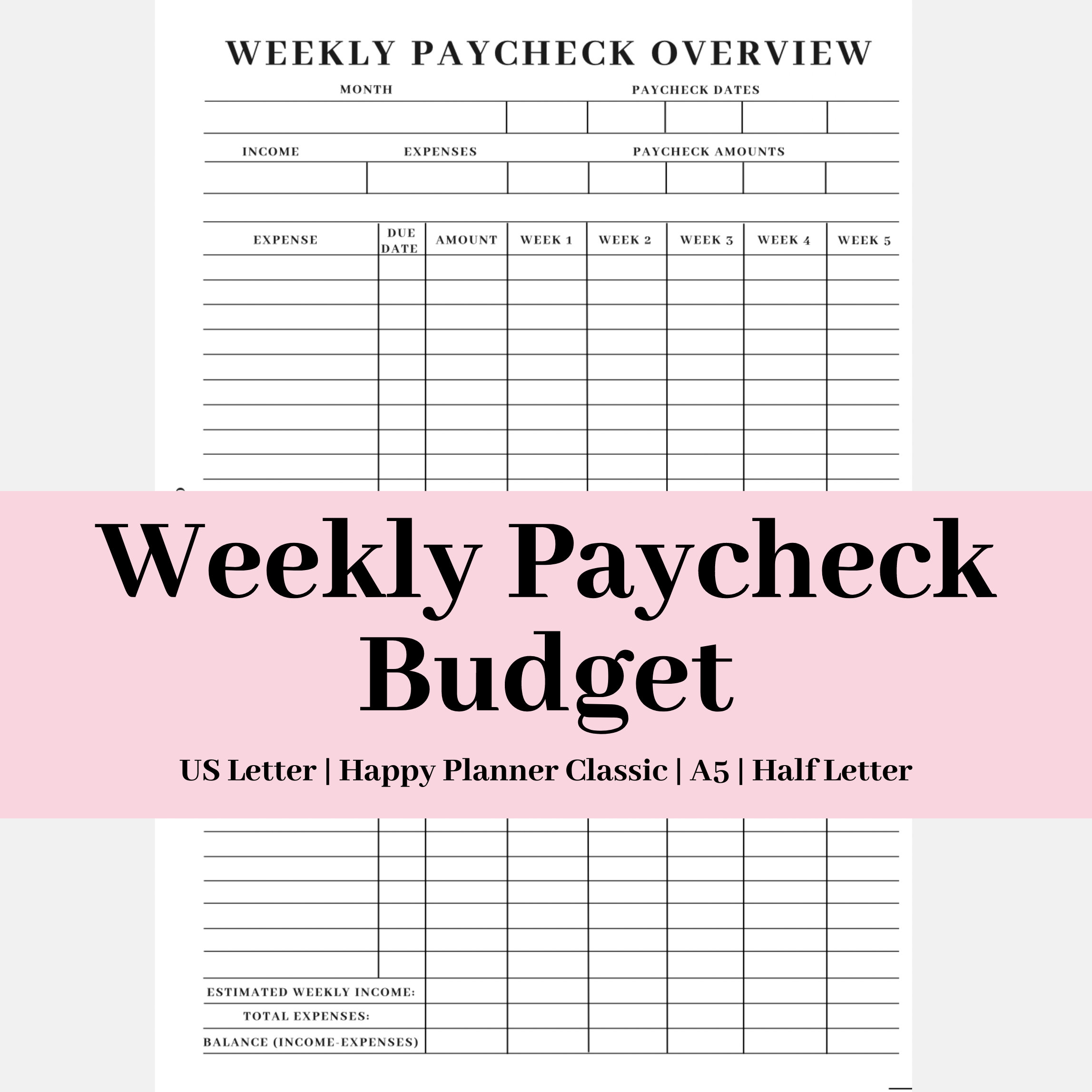 Minimal 5 Week Paycheck Planner | Weekly Paycheck Budget Template ...