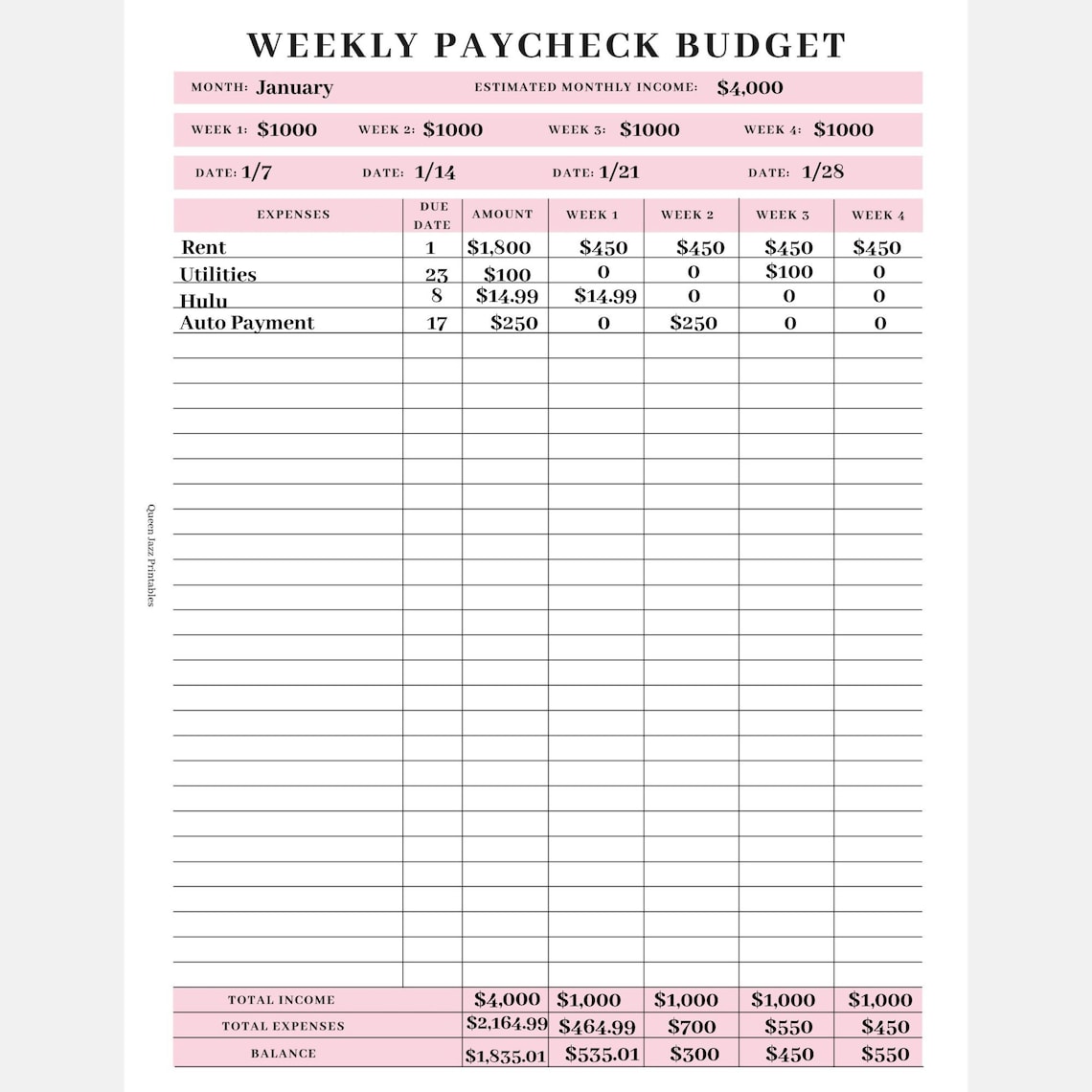 Weekly Paycheck Budget Bill Organizer Paycheck Planner Minimal Check ...