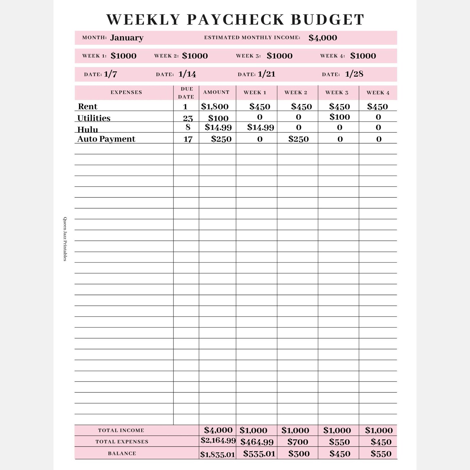 Weekly Paycheck Budget Bill Organizer Paycheck Planner Minimal Check ...
