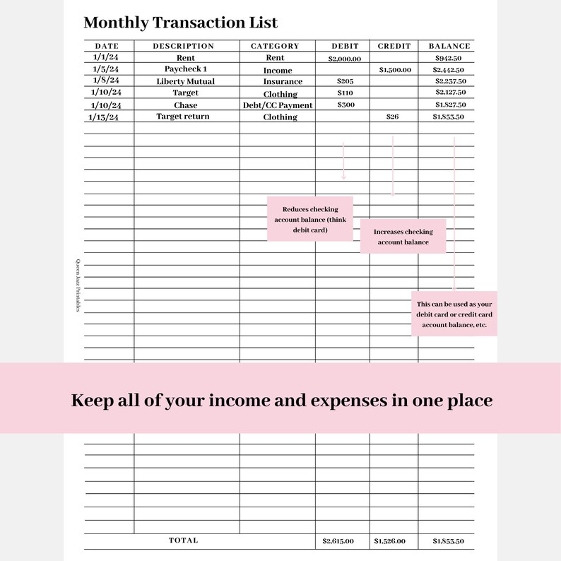 Monthly Transaction List Income and Expense Tracker - Etsy